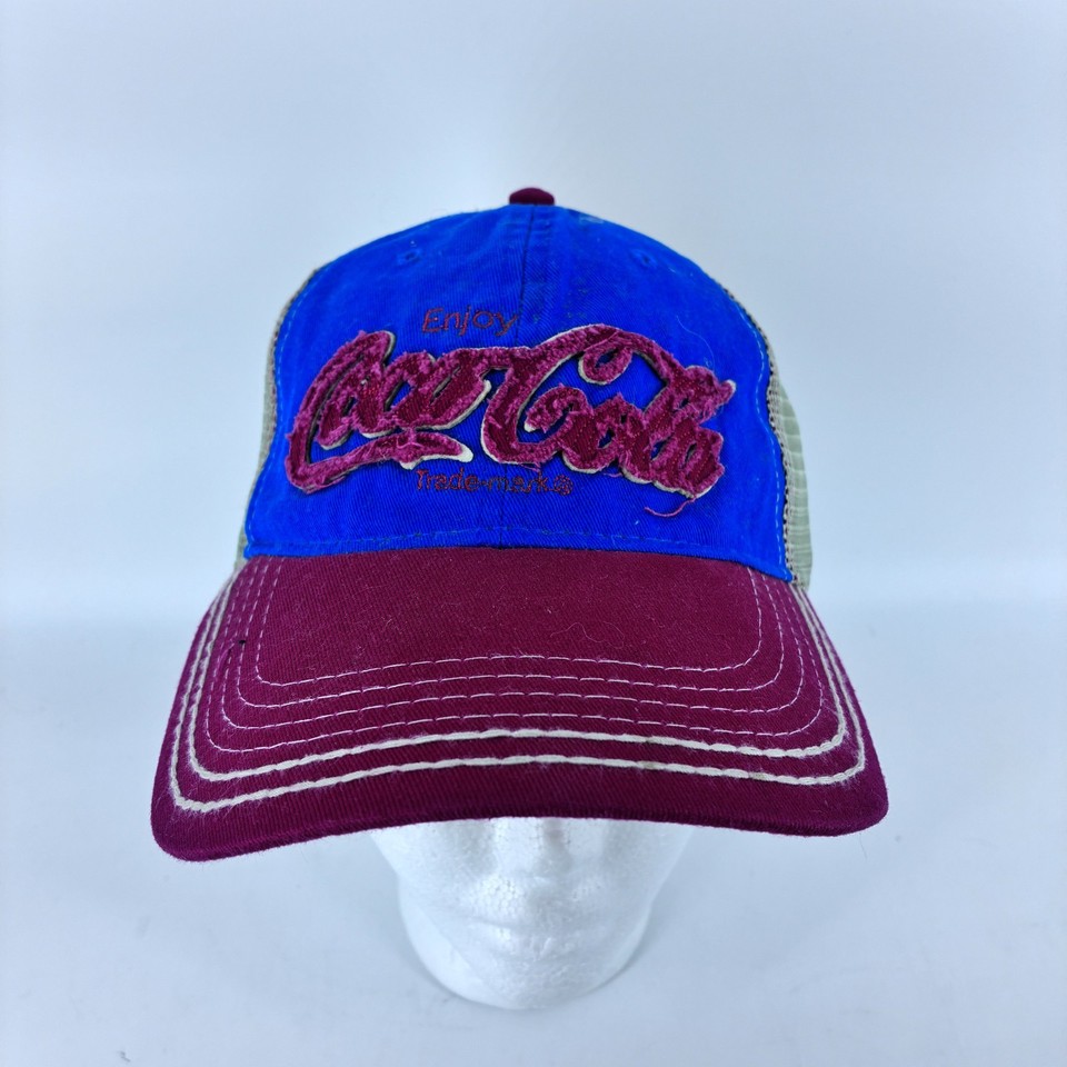 Coca-Cola Ball Cap Hat Distressed Retro Classic Logo Snapback Mesh Blue ...