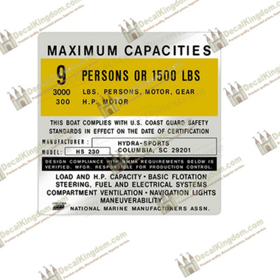 Hydra Sports Capacity Plate Decals Boat Maximum Occupancy [Multiple ...
