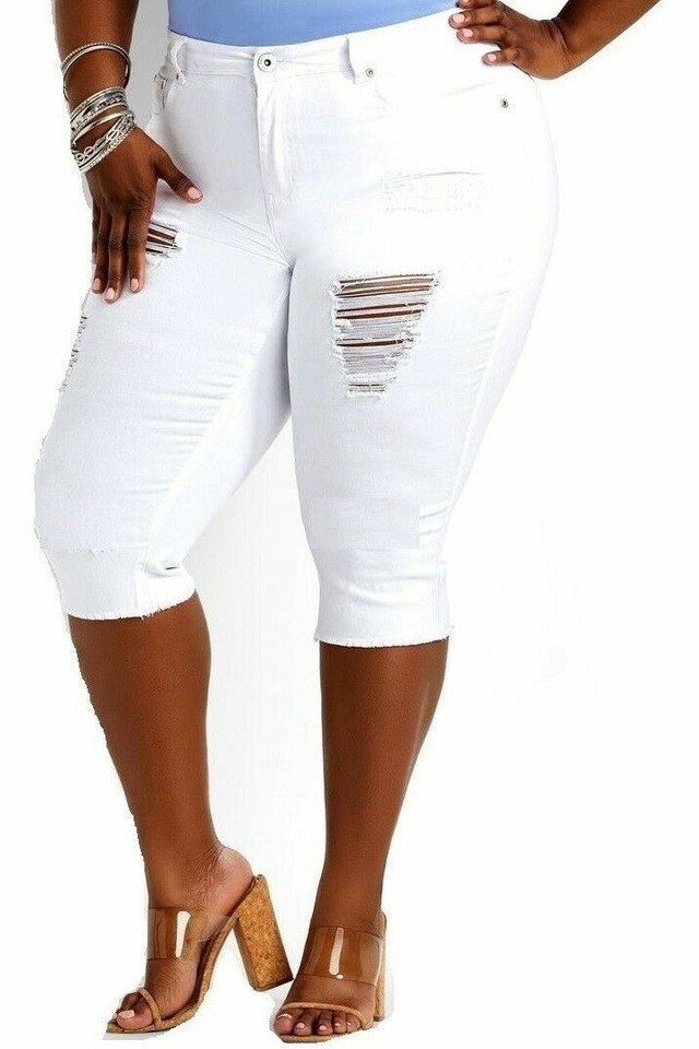 WOMEN'S PLUS SIZE Stretch BLUE denim Jeans CAPRI Distressed Ripped 14 ...