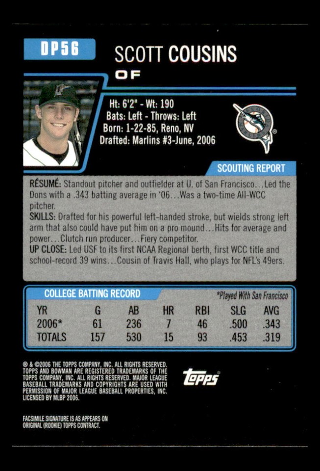 2006 Baseball Bowman 1st Card Scott Cousins Florida Marlins #DP56 Blue ...