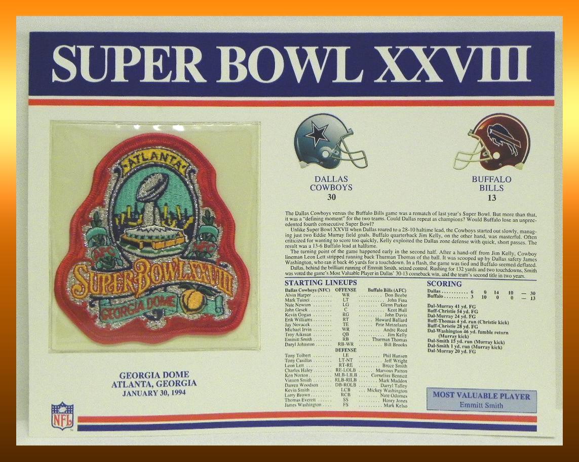 NFL 1994 SUPER BOWL XXVIII 28 Dallas COWBOYS vs Buffalo BILLS Patch ...