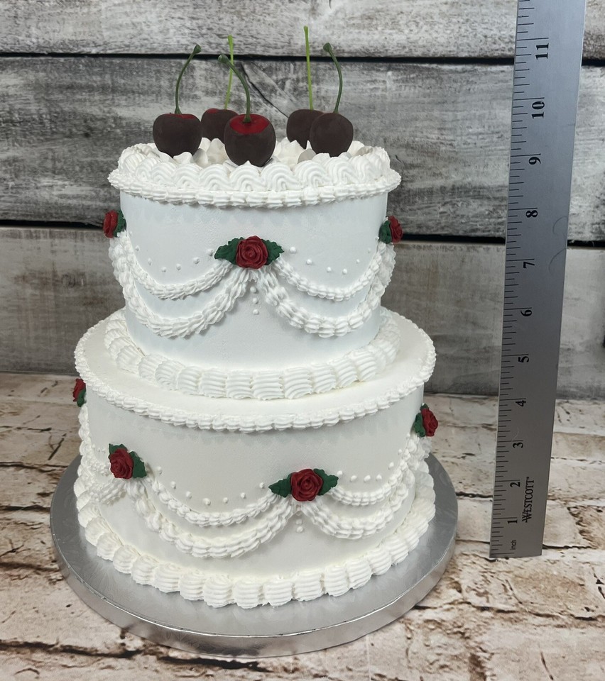 Cherry Cake, Fake 2 Tier Vintage Style Birthday White Prop Cake With ...