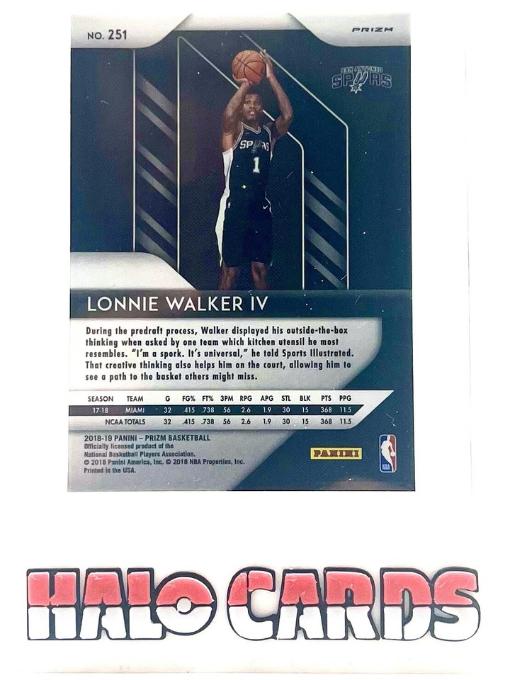 2018-19 Panini Prizm Rookie #251 LONNIE WALKER IV San Antonio Spurs RC ...