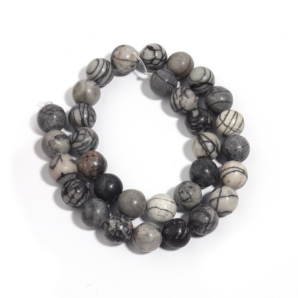 Natural Stone Black Network Round Spacer Beads Jewelry Making 4 6 8 10 ...