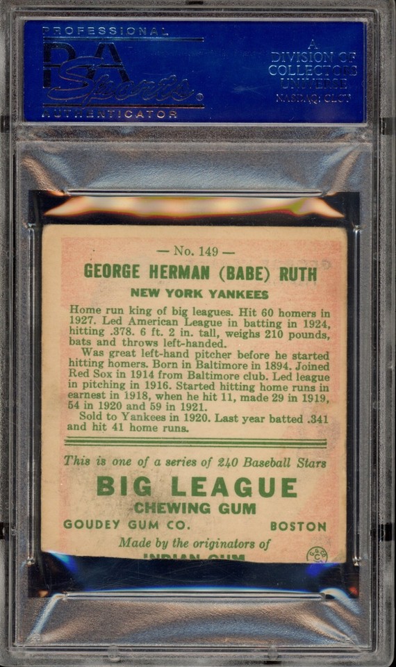 1933 Goudey #149 Babe Ruth PSA Authentic New York Yankees HOF Baseball ...