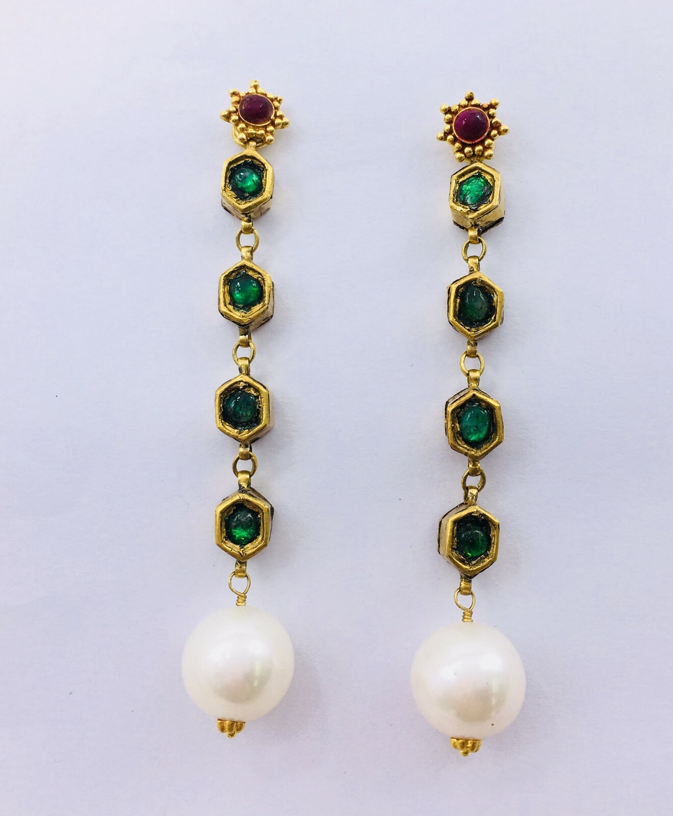 22k Gold Reversible Earrings with Red and Green Stone Pearl Drop Long ...
