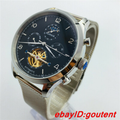 42mm parnis Moon Phase sliver case black Dial Steel strap Automatic Men ...