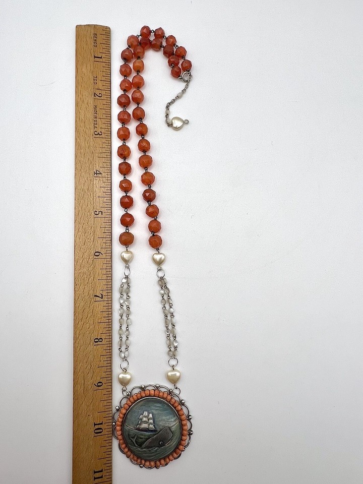 Ship & Whale Painted Artist Assemblage Necklace Sterling Silver Coral ...