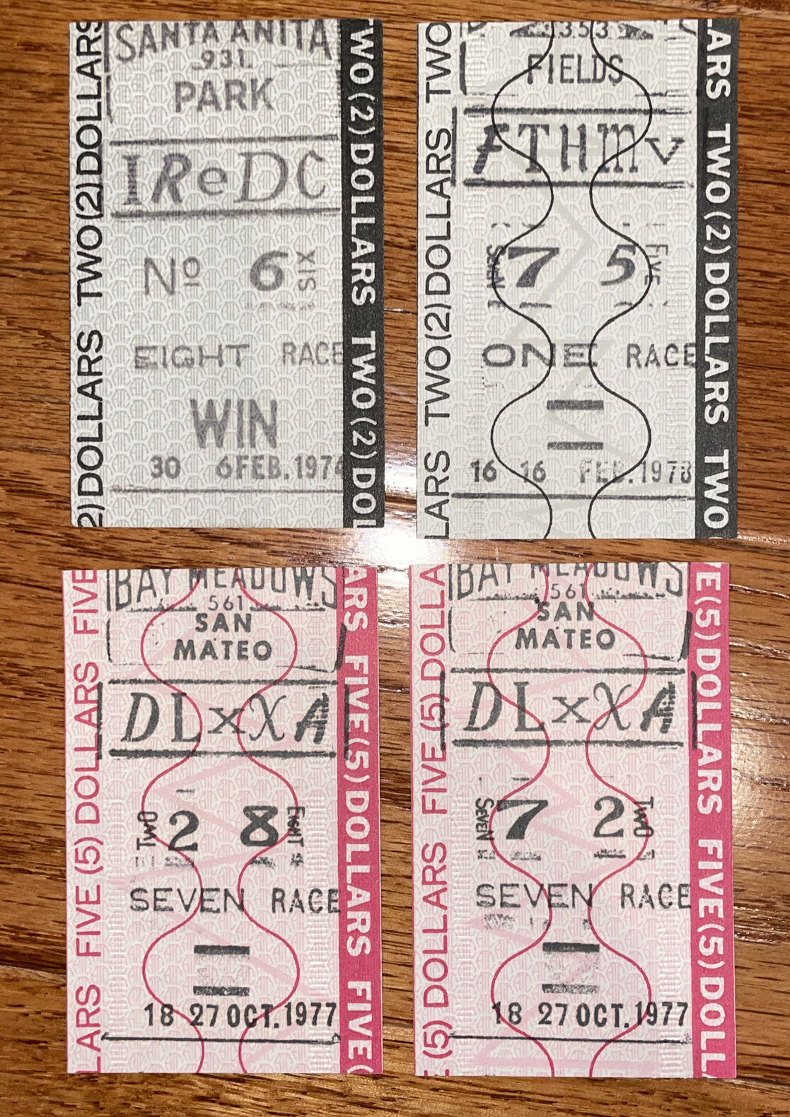 SANTA ANITA PARK, BAY MEADOWS RACING - LOT OF (4) BETTING TICKET STUBS ...