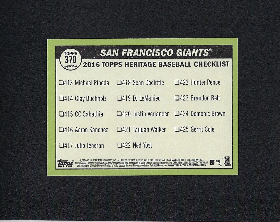 2016 Topps Heritage #370 SAN FRANCISCO GIANTS Team card Unmarked ...