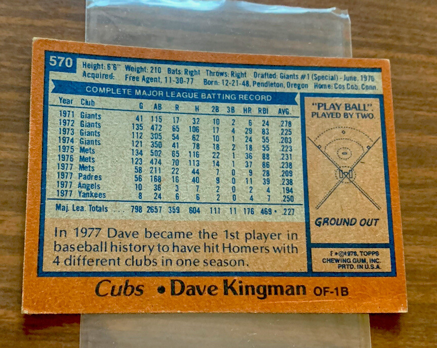 Dave Kingman 1978 Topps Baseball Card # 570 - Chicago Cubs | eBay