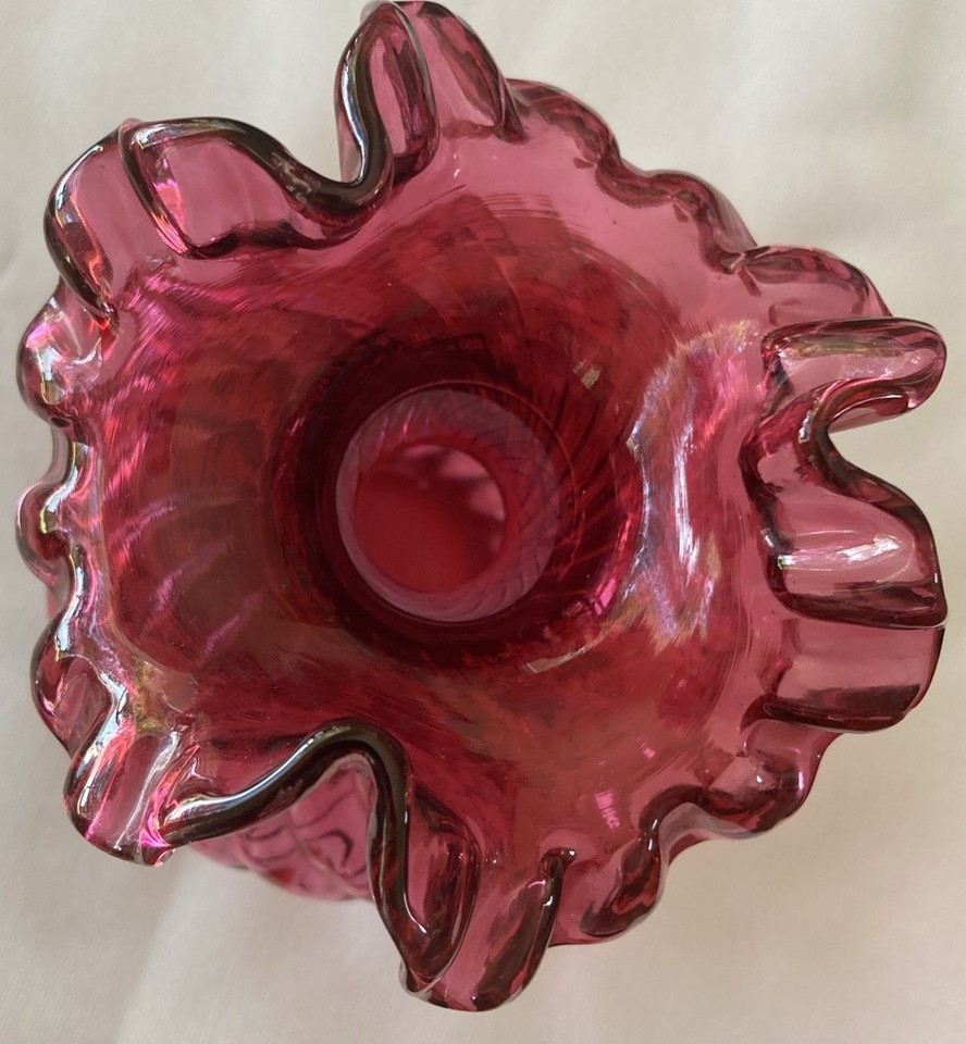 Vintage Fenton Cranberry Glass Optical Swirl Vase Crimped Ruffled Rim 6 ...