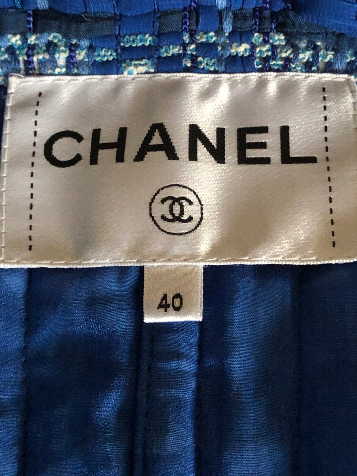 CHANEL 18C NEW TWEED Blue Ecru JACKET BRAIDED TRIM GOLD CC Button FR40 ...