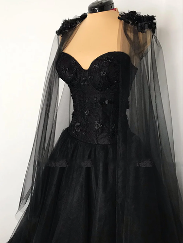 Black Wedding Dresses with Cape Gothic Spaghetti Straps A Line Bridal ...