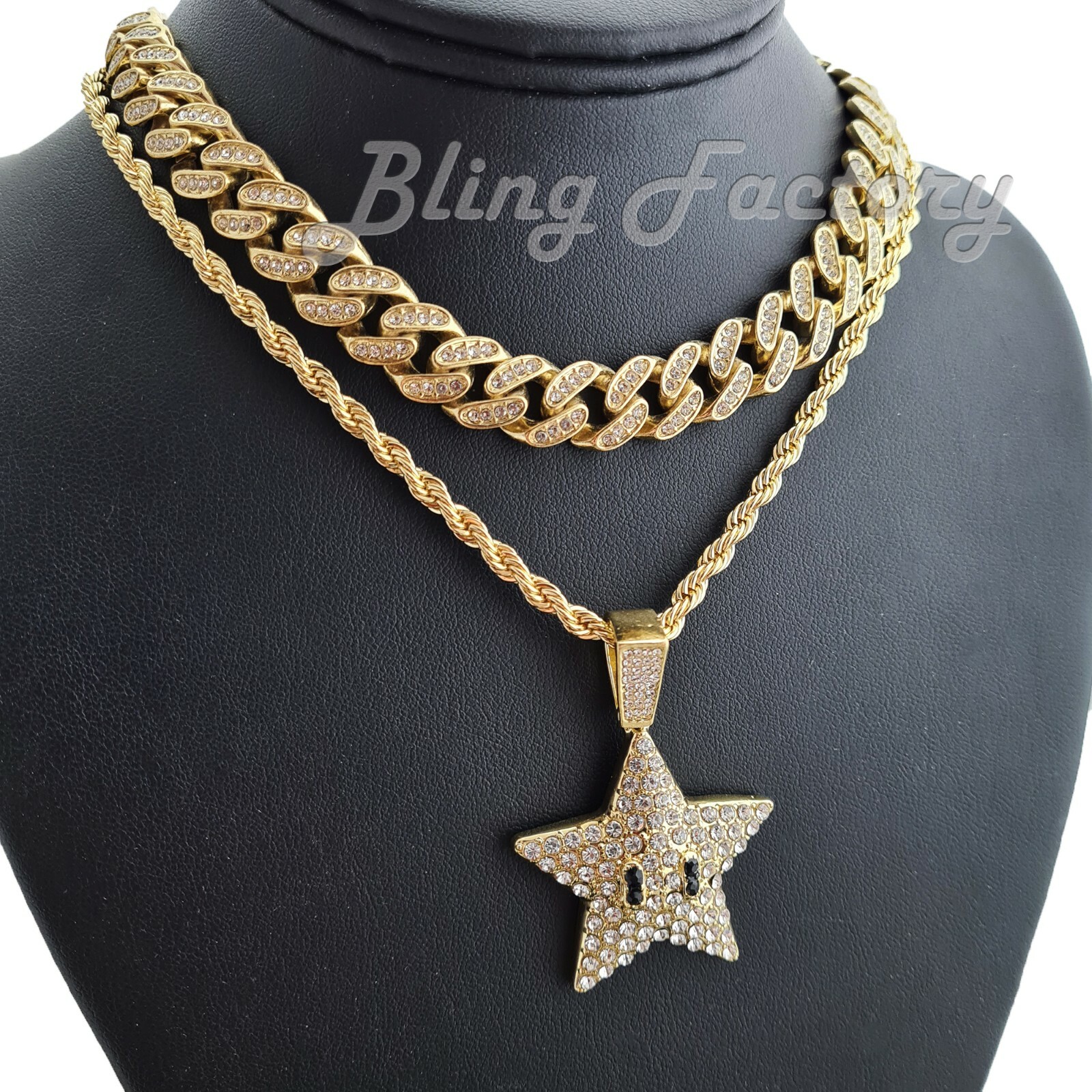 Hip Hop Gold PT Mario Star Charm w/ 24" Rope Chain & 18" Iced Cuban ...