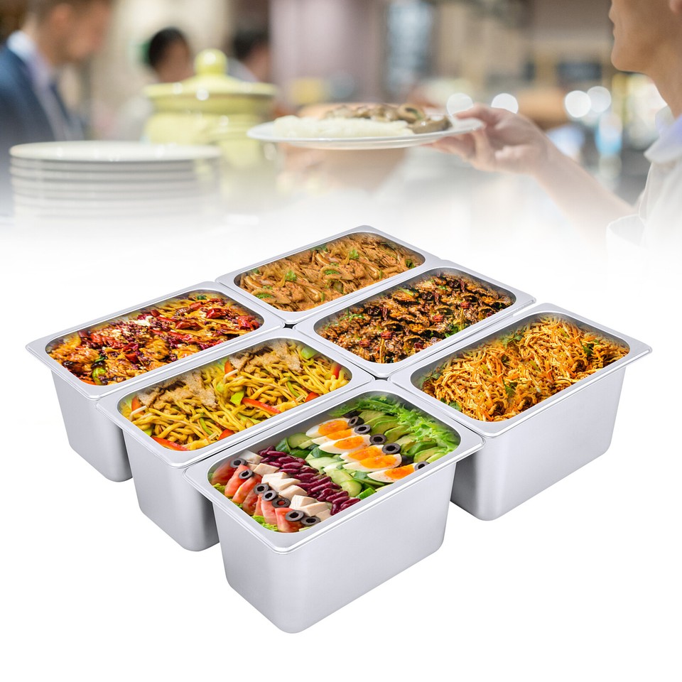 6 PACK 1/4 Size 6" Deep Stainless Steel Steam Prep Table Hotel Buffet ...