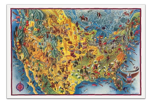 UNITED STATES OF AMERICA Pictorial Map, Vintage 1940s -Unframed- Art ...