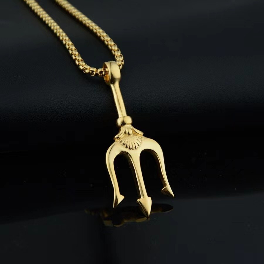 Men's Gold Poseidon Trident Pendant Necklace Punk Rock Biker Jewelry ...