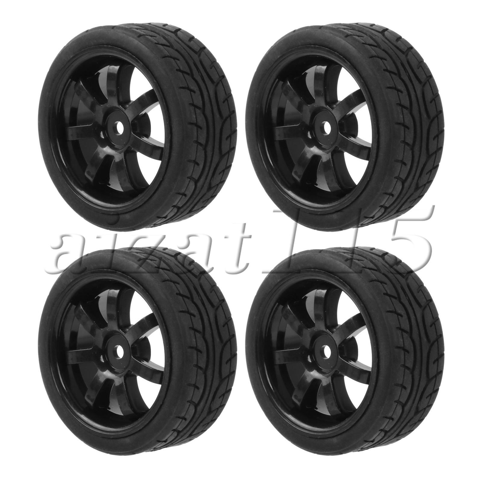 4 Pcs RC 1:10 Black Rubber Tyres with Plastic 7-Spoke Wheel Rims Kit | eBay