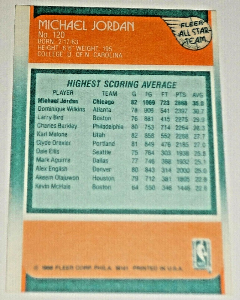 1988-89 FLEER MICHAEL JORDAN 120 ALL STAR TEAM CHICAGO BULLS NM MJ CARD ...