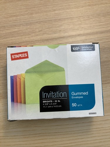 Staples Gummed Invitation Envelopes 5 3/4" x 4 3/8" Brights Open Box of ...