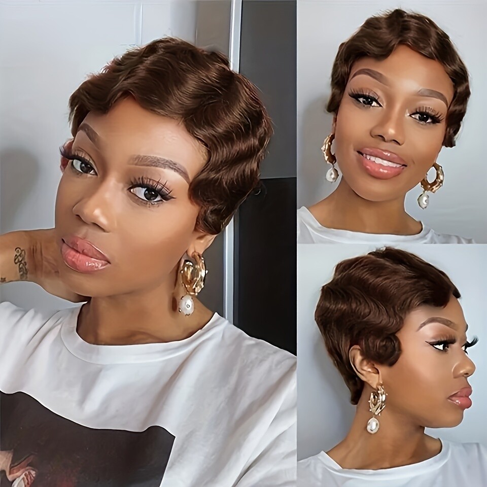 6Inch Short Finger Wave Human Hair Wig Full Machine Made Brazilian ...
