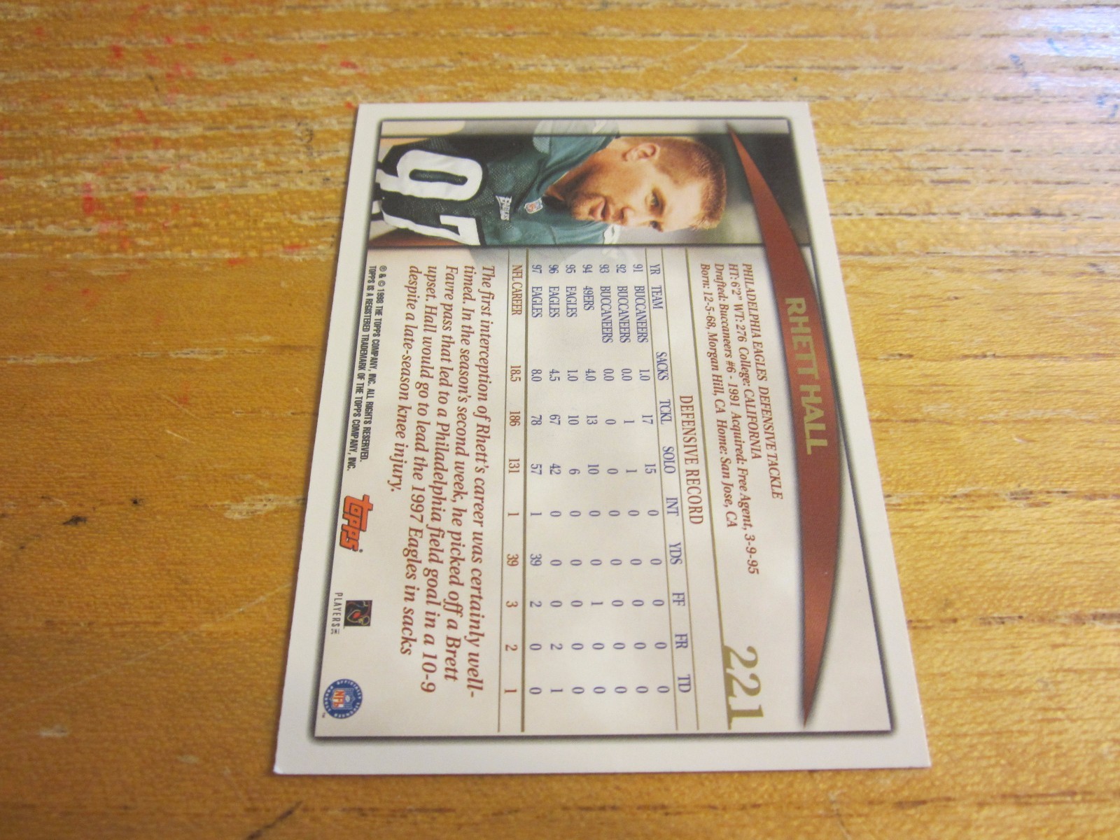 Rhett Hall Autographed Signed 1998 Topps #221 Card NFL Philadelphia ...