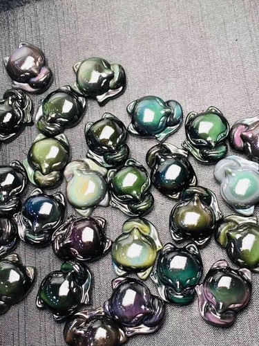 3Pcs Natural Rainbow Eye Obsidian Quartz Crystal Nine-Tailed Fox Deco ...