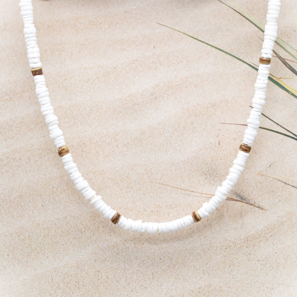 Bohemian Surfer Shell Necklace White Puka Shell Coconut Wood ...