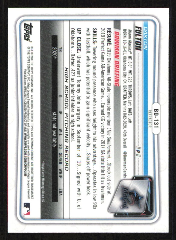 2020 Bowman Chrome DAXTON FULTON 1st Year Refractor card MIAMI MARLINS ...