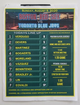 Authentic Game Used Lineup Card from 8/9/20 Boston Red Sox Toronto Blue ...