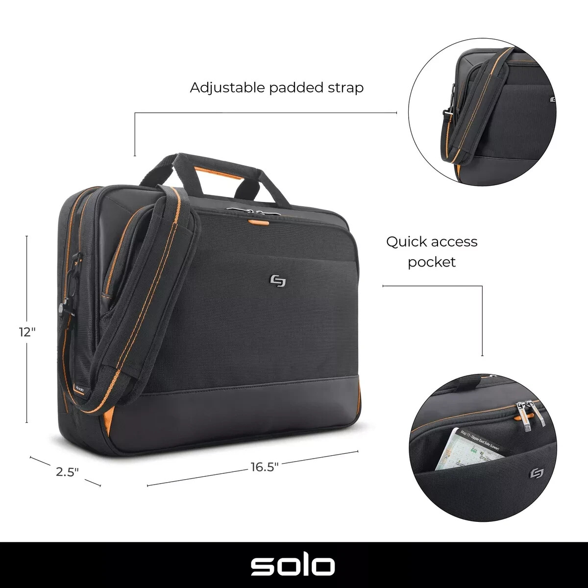 New Solo Focus 17.3" Laptop Case Briefcase Organizer Black w/Orange ...