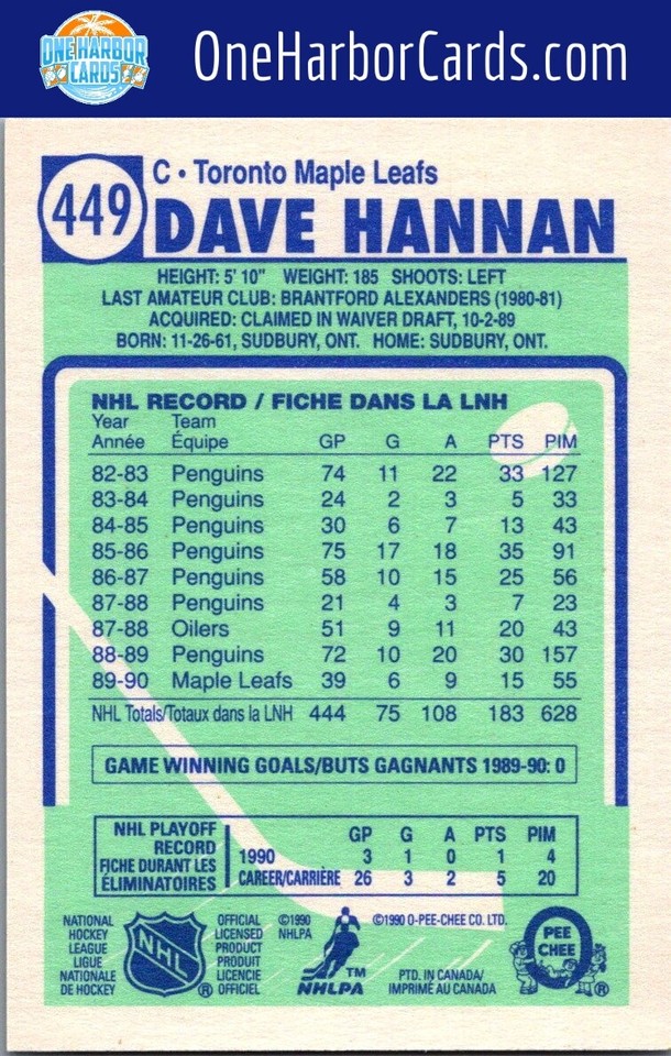 1990 O-Pee-Chee Toronto Maple Leafs Hockey Card #449 Dave Hannan | eBay