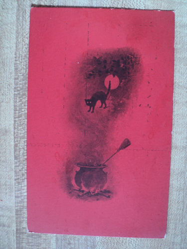HALLOWEEN Black Cat Falling vintage Red Background Unknown Maker ...