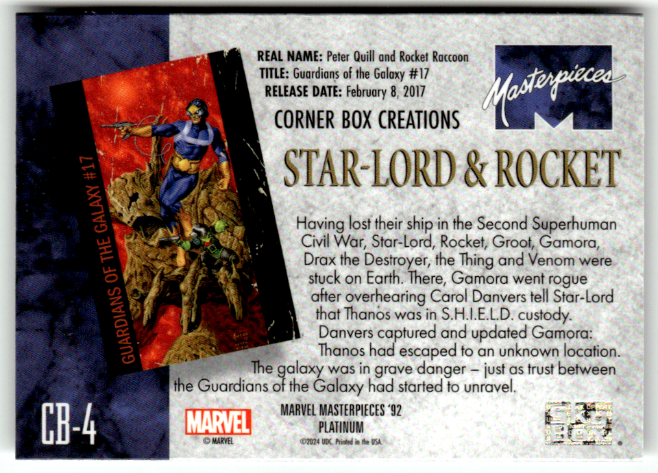 2024 Skybox Marvel Masterpieces '92 CB-4 Star Lord & Rocket Corner Box ...