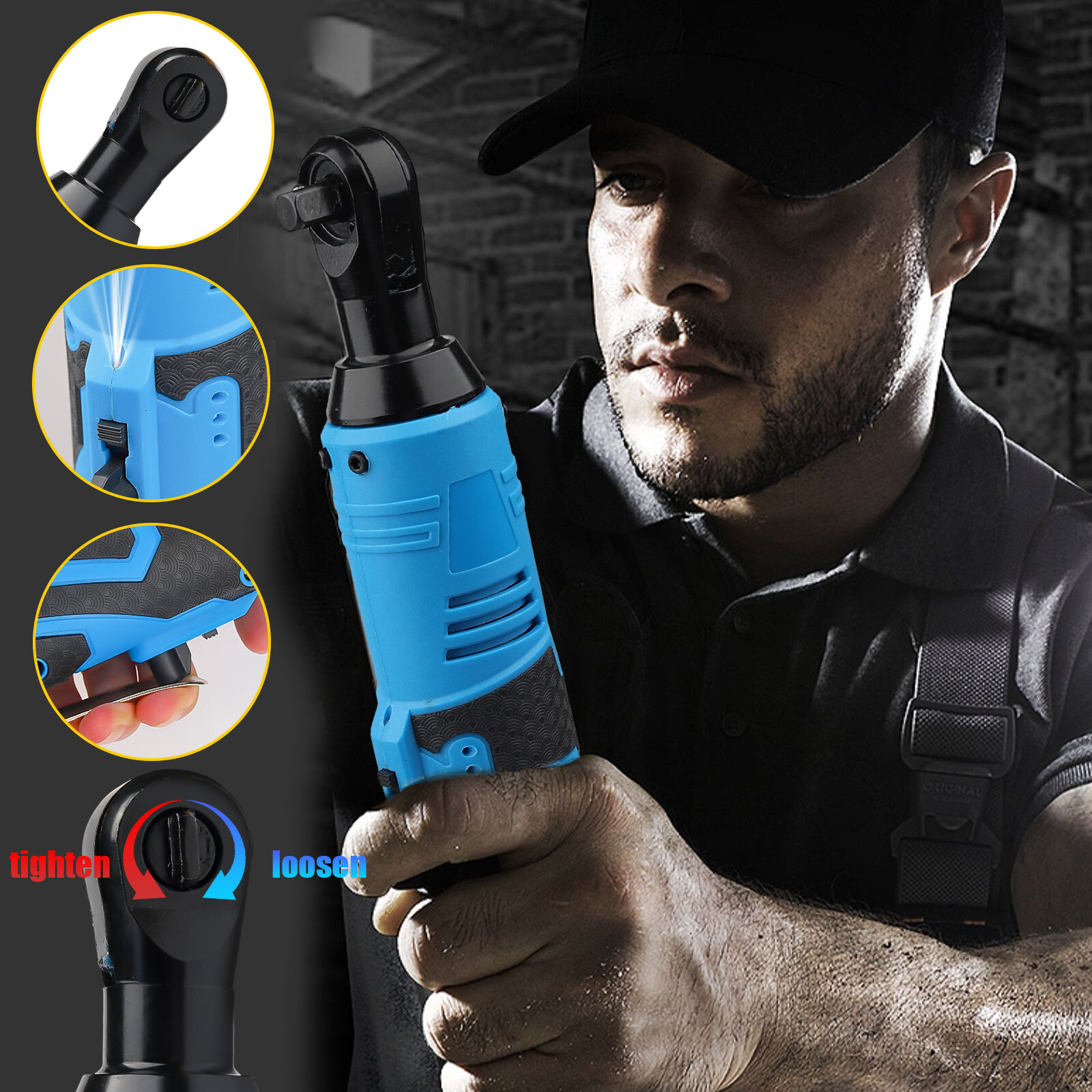 42V Electric Cordless Ratchet 3/8"Right Angle Wrench Impact Power Tool ...