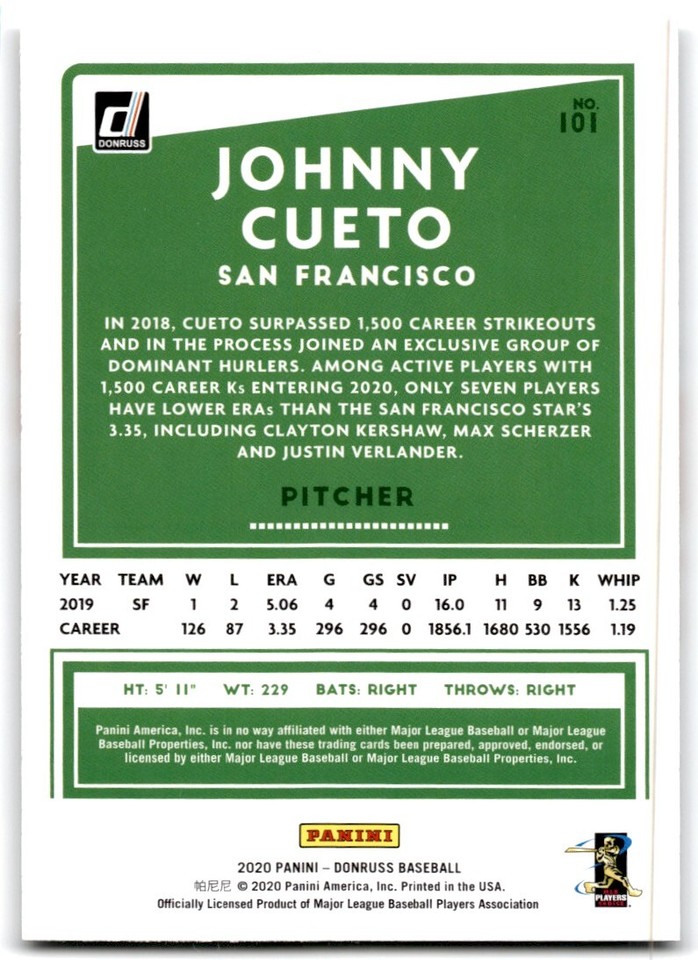 2020 Donruss Johnny Cueto Baseball Cards #101 | eBay