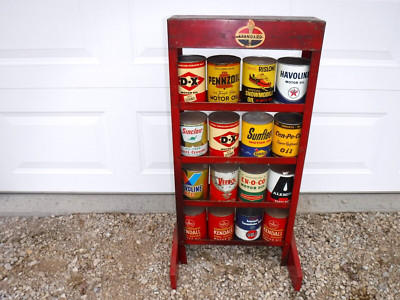 STANDARD OIL DISPLAY RACK W/ QUART SIZE MOTOR OIL CANS GAS STATION ...