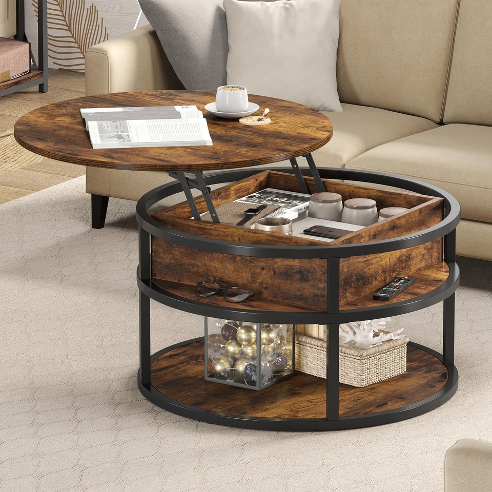 Round Lift Top Coffee Table Circle Center Table for Living Room with ...