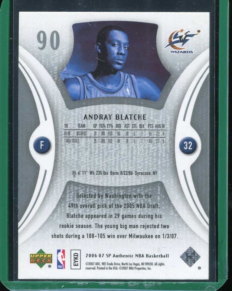 2006-07 UD SP Authentic Basketball Andray Blatche #90 Washington ...