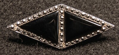Sterling Silver Diamond Shaped Pin w/Onyx & Marcasite 1 3/4" x 3/4" | eBay