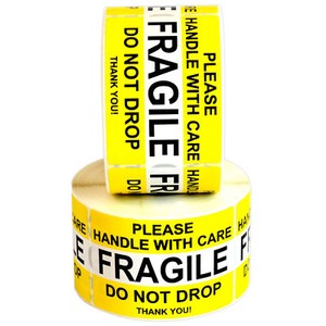 2 X 3 FRAGILE STICKER DO NOT DROP HANDLE WITH CARE WATERPROOF YELLOW ...
