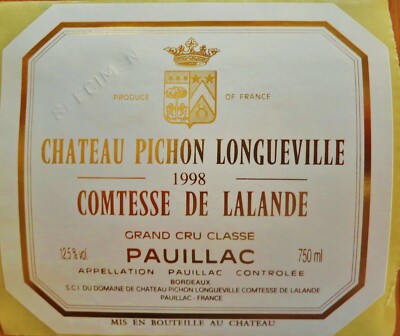 Etiquette Vin FRANCE CHATEAU PICHON LONGUEVILLE Comtesse Lalande 98 ...