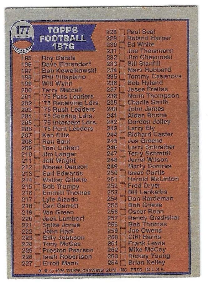 1976 Topps Football Unmarked Team & Set Checklists - You Pick (Volume ...