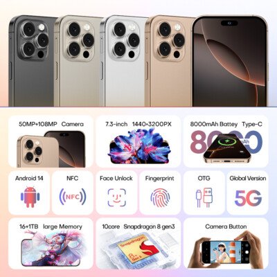 New Android i16 Pro Max 4G 5G Smartphone Global Unlocked 7.3" Dual Sim ...