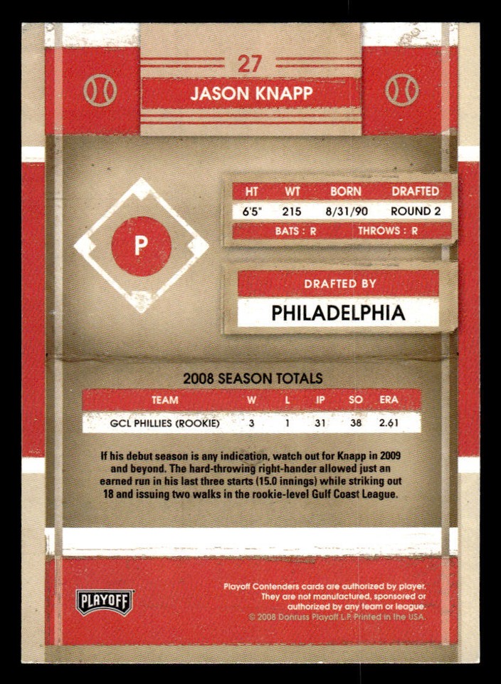 Jason Knapp signed auto 2008 Playoff Contenders #27 card | eBay