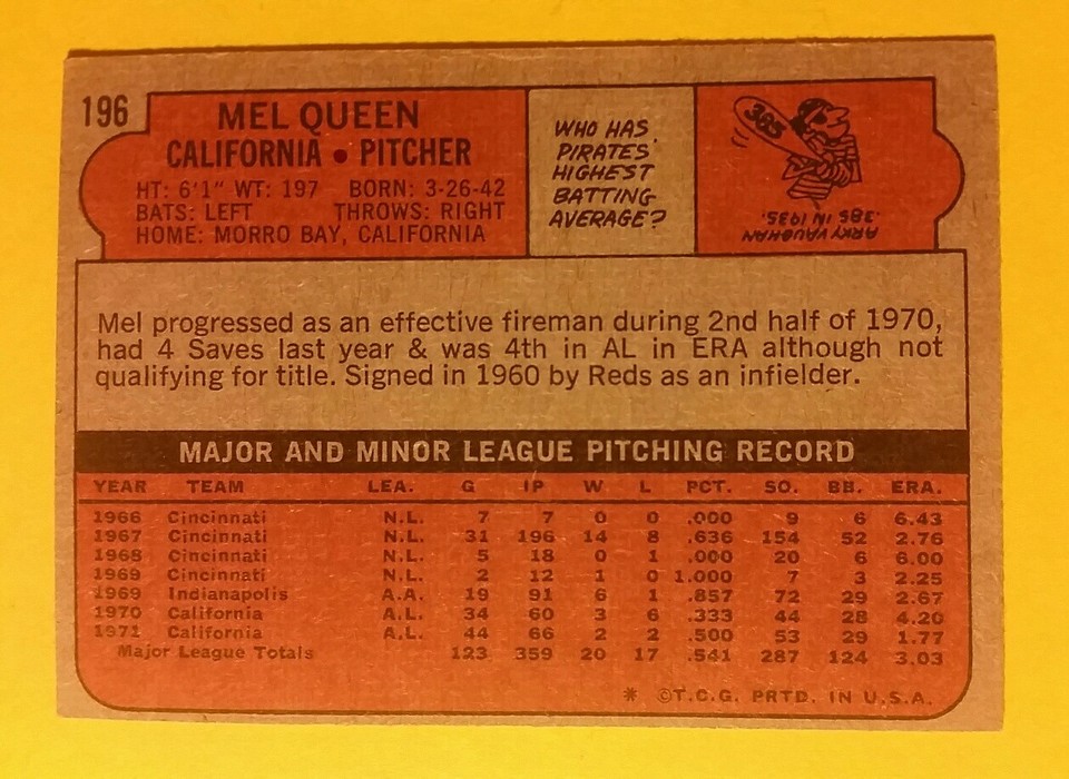 VINTAGE MEL QUEEN #196 CALIFORNIA ANGELS * 1972 TOPPS MLB BASEBALL | eBay