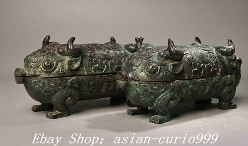 9.8" Old Han Dynasty Bronze Ware Double Beast Head Meal Food Container ...