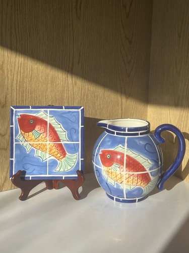 Clay Art Adriatic Hand Painted Ceramic Fish Pitcher and Matching Trivet ...