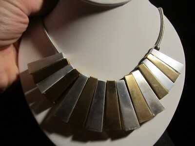 ART DECO DESIGN NECKLACE GOLD AND SILVER TONE PENDANTS 17" HEAVY METAL ...